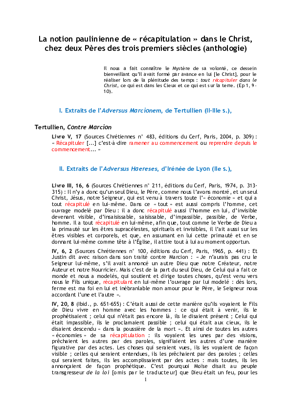 (PDF) La notion paulinienne de "récapitulation dans le Christ" chez ...