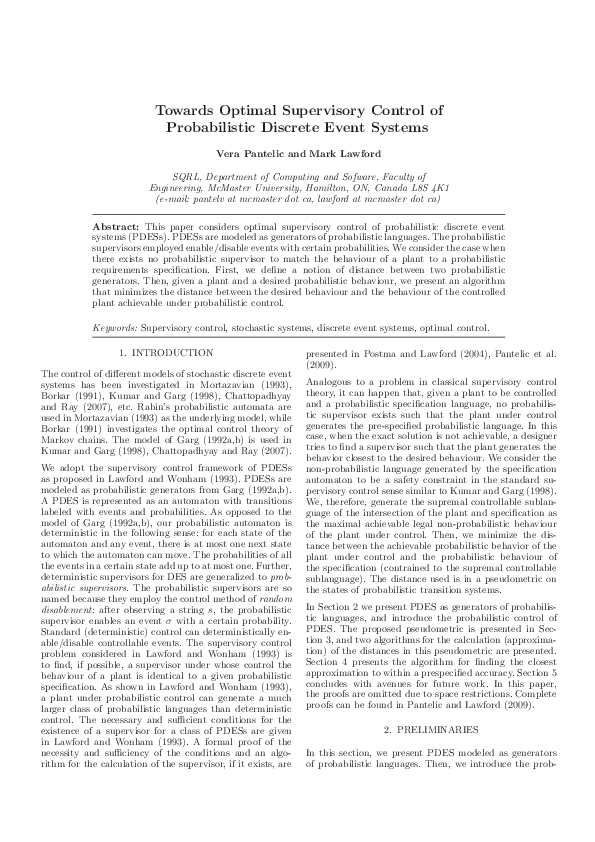 (PDF) Towards optimal supervisory control of probabilistic discrete event systems