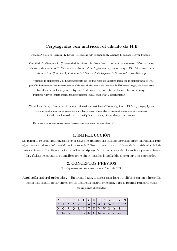 (PDF) Criptografía con matrices, el cifrado de Hill