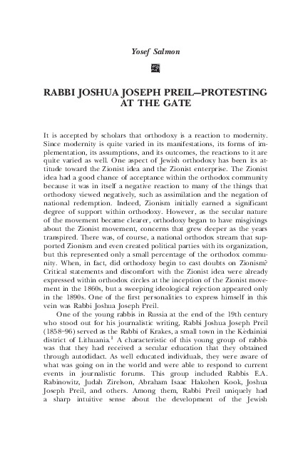 (PDF) Yosef Salmon, “Rabbi Joshua Joseph Preil: Protesting at the Gate ...