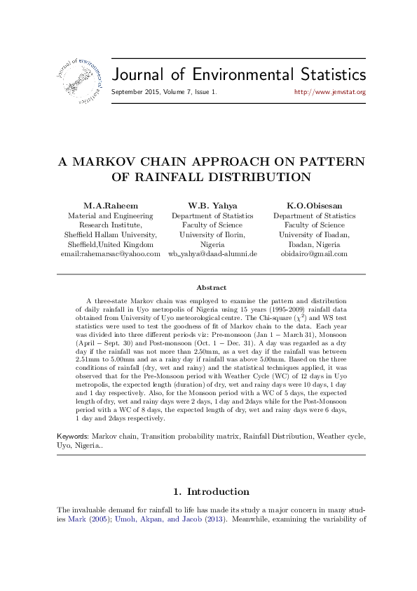 (PDF) A MARKOV CHAIN APPROACH ON PATTERN OF RAINFALL DISTRIBUTION