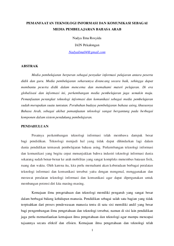 (PDF) PEMANFAATAN TEKNOLOGI INFORMASI DAN KOMUNIKASI SEBAGAI MEDIA PEMBELAJARAN BAHASA ARAB