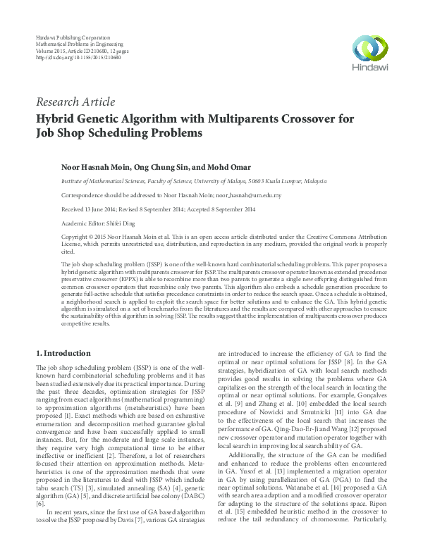 (PDF) Hybrid Genetic Algorithm with Multiparents Crossover for Job Shop Scheduling Problems