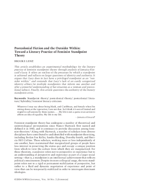 (PDF) Postcolonial Fiction and the Outsider Within: Toward a Literary ...