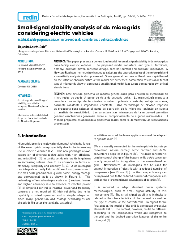 (PDF) Small-signal stability analysis of dc microgrids considering electric vehicles