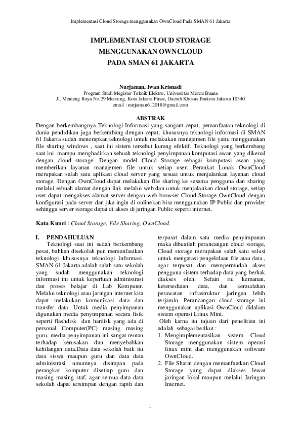 (PDF) IMPLEMENTASI CLOUD STORAGE MENGGUNAKAN OWNCLOUD PADA SMAN 61 JAKARTA Nurjaman, Iwan Krisnadi