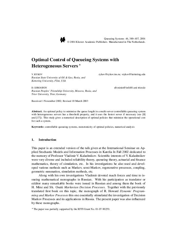 (PDF) Optimal Control of Queueing Systems with Heterogeneous Servers