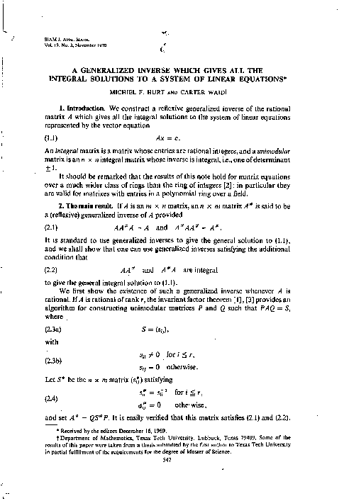 (PDF) INTEGRAL SOLUTIONS TO A SYSTEM OF LINEAR EQUATIONS | Charles Waid ...