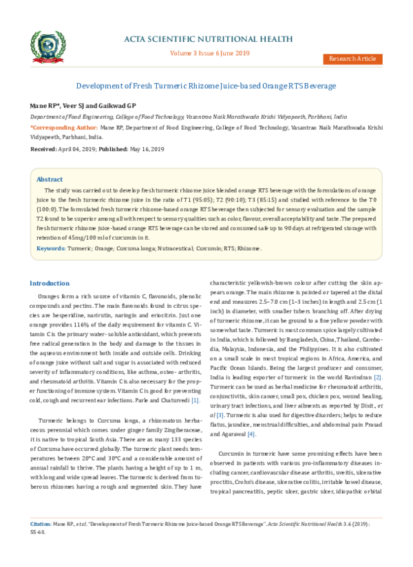 (PDF) Development of Fresh Turmeric Rhizome Juice-based Orange RTS Beverage