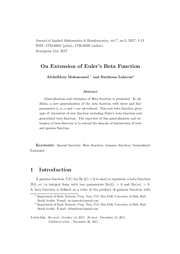 Pdf On Extension Of Eulers Beta Function