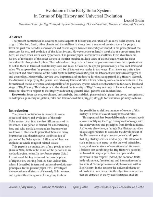 (PDF) Evolution of the Early Solar System in Terms of Big History and ...