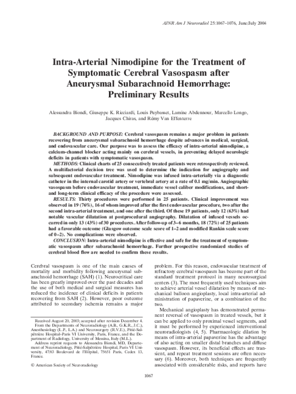 (PDF) Intra-arterial nimodipine for the treatment of symptomatic cerebral vasospasm after ...