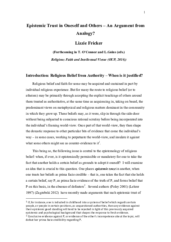 (PDF) Epistemic Trust in Oneself and Others -An Argument from Analogy ...