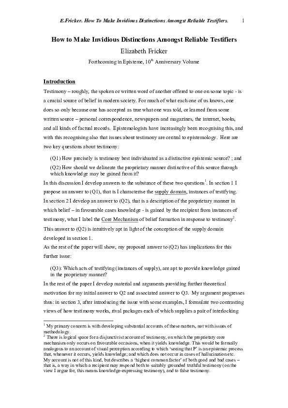 (PDF) How to Make Invidious Distinctions Amongst Reliable Testifiers ...