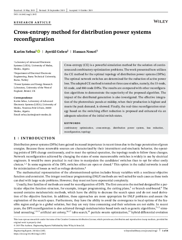 (PDF) Cross-entropy method for distribution power systems reconfiguration