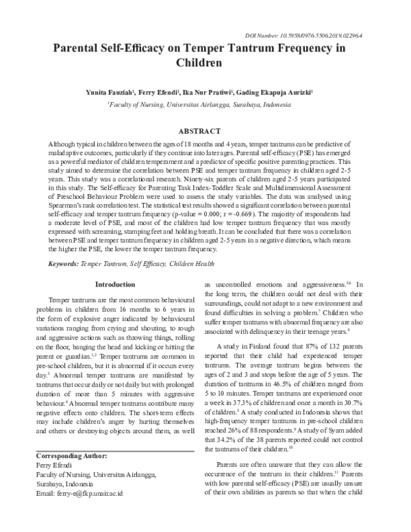 (PDF) Parental Self Efficacy on Temper Tantrum Frequency in Children