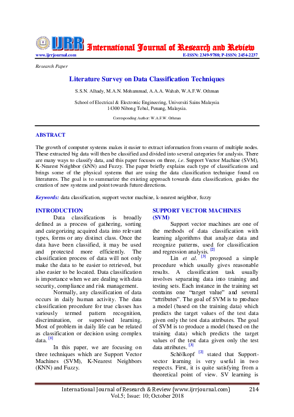 Pdf Literature Survey On Data Classification Techniques