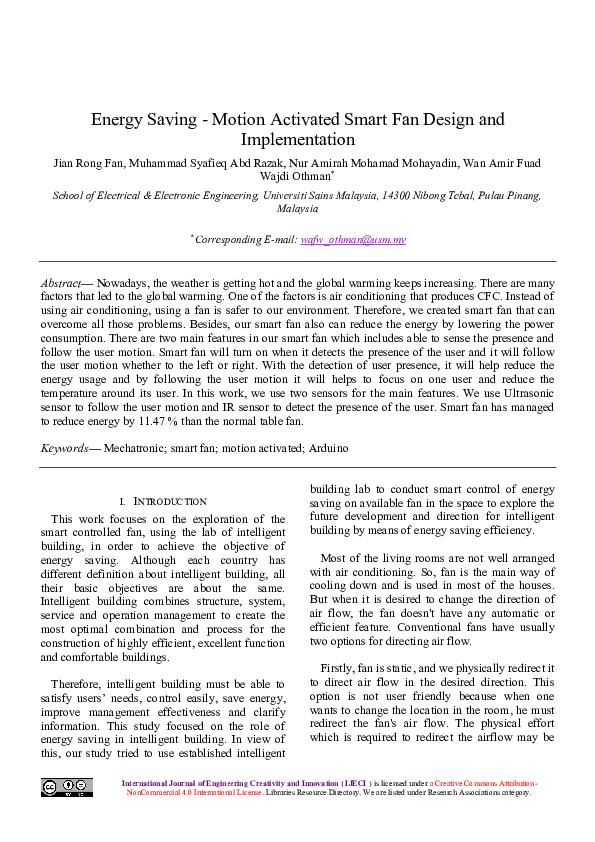 (PDF) Energy Saving -Motion Activated Smart Fan Design and Implementation