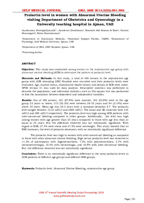 (PDF) Prolactin level in women with Abnormal Uterine Bleeding visiting ...