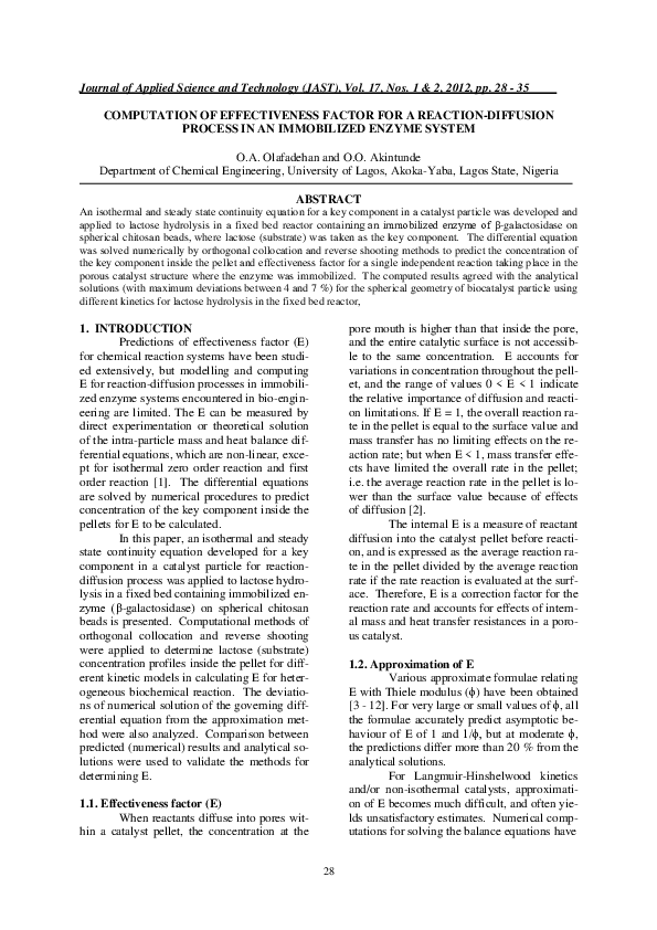 (PDF) COMPUTATION OF EFFECTIVENESS FACTOR FOR A REACTION-DIFFUSION PROCESS IN AN IMMOBILIZED ...