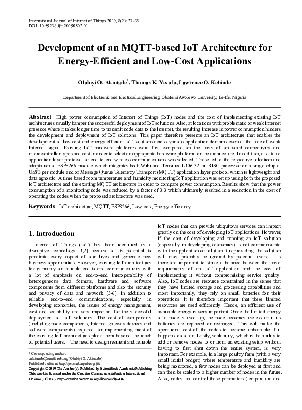 Pdf Development Of An Mqtt Based Iot Architecture For Energy Efficient And Low Cost Applications