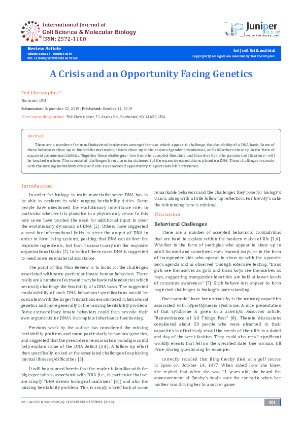 (PDF) A Crisis and an Opportunity Facing Genetics | Ted Christopher ...