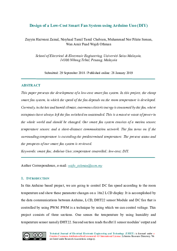 (PDF) Design of a Low-Cost Smart Fan System using Arduino Uno (DIY)