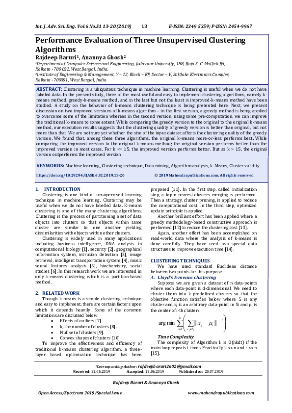 Pdf Performance Evaluation Of Three Unsupervised Clustering Algorithms International Journal