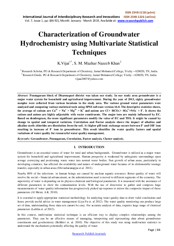 Pdf Characterization Of Groundwater Hydrochemistry Using Multivariate Statistical Techniques