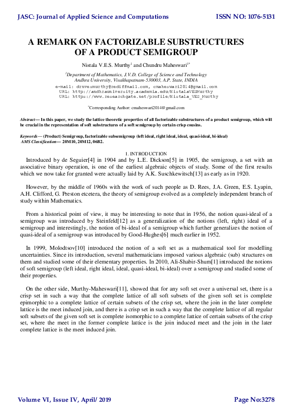 (PDF) A REMARK ON FACTORIZABLE SUBSTRUCTURES OF A PRODUCT SEMIGROUP, Volume VI, Issue IV, JASC ...