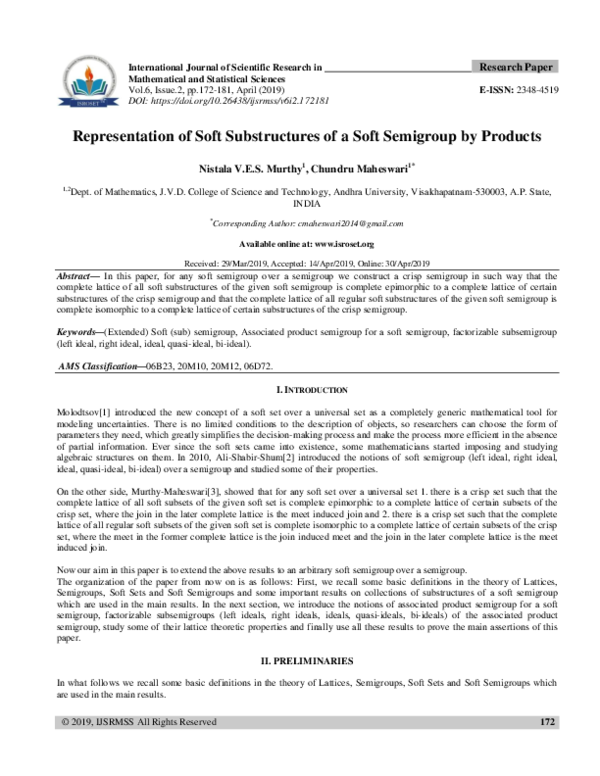 (PDF) Representation of Soft Substructures of a Soft Semigroup by Products,International Journal ...