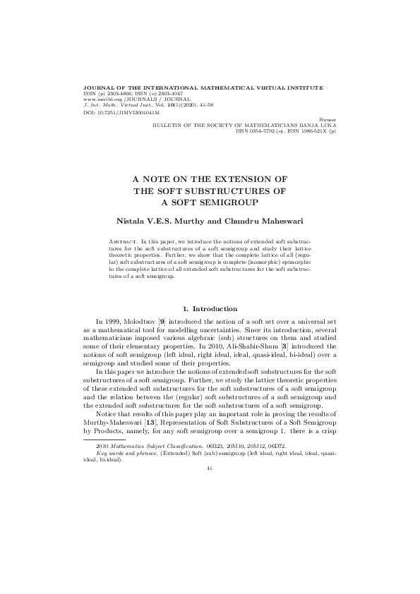 (PDF) A NOTE ON THE EXTENSION OF THE SOFT SUBSTRUCTURES OF A SOFT SEMIGROUP, JOURNAL OF THE ...