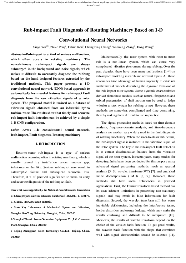 (PDF) Rub-impact Fault Diagnosis of Rotating Machinery Based on 1-D Convolutional Neural Networks