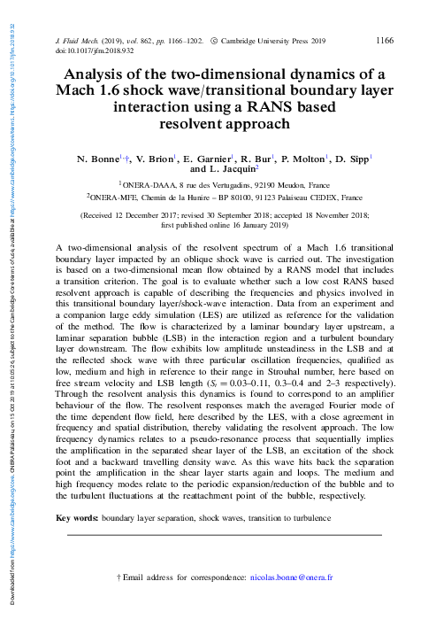(PDF) Analysis of the two-dimensional dynamics of a Mach 1.6 shock wave/transitional boundary ...