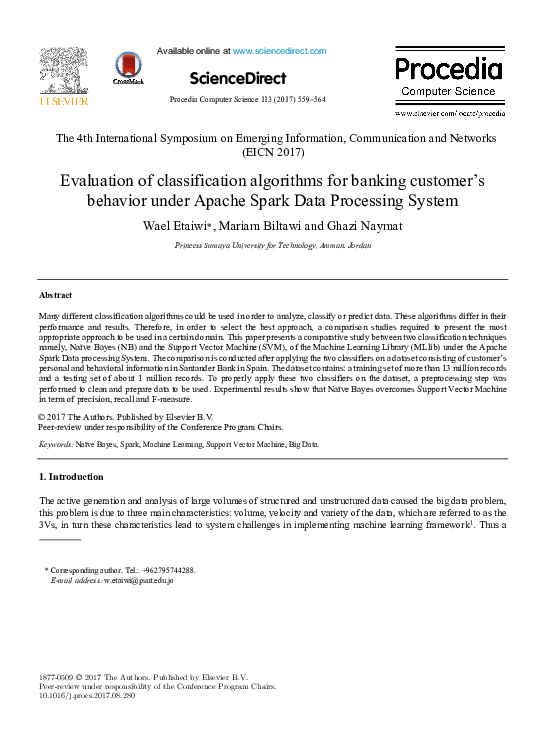 Pdf Sciencedirect Sciencedirect Evaluation Of Classification Algorithms For Banking Customers