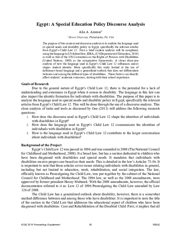 (PDF) Egypt: A Special Education Policy Discourse Analysis Submission