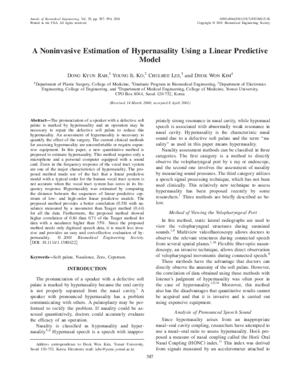(PDF) A Noninvasive Estimation of Hypernasality Using a Linear Predictive Model