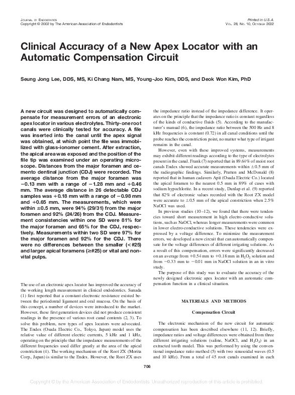 Pdf Clinical Accuracy Of A New Apex Locator With An Automatic Compensation Circuit