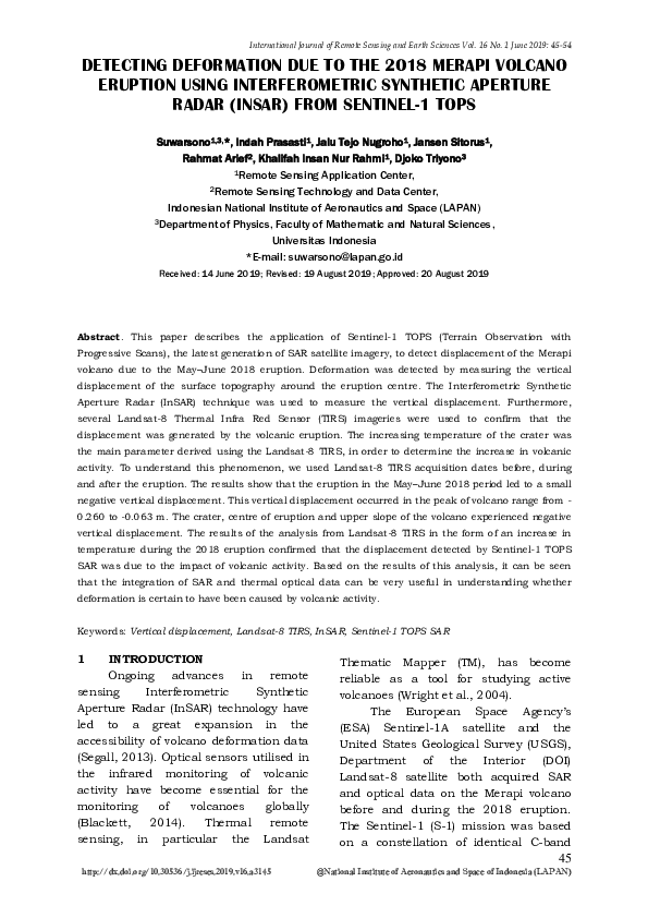 (PDF) DETECTING DEFORMATION DUE TO THE 2018 MERAPI VOLCANO ERUPTION USING INTERFEROMETRIC ...