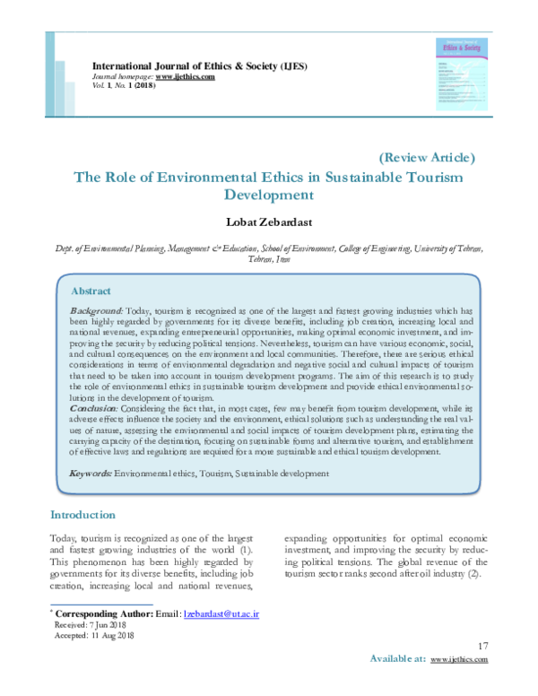 (PDF) The Role of Environmental Ethics in Sustainable Tourism Development