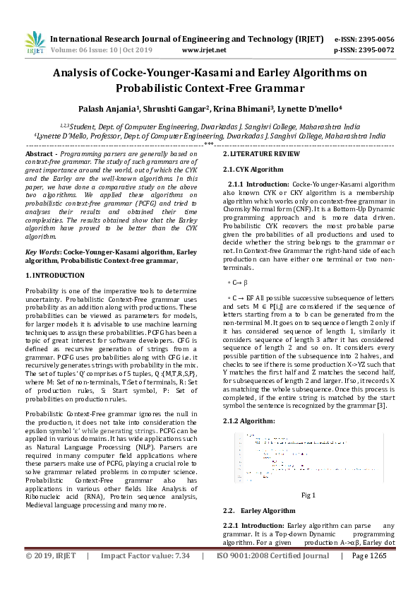 (PDF) IRJET- Analysis of Cocke-Younger-Kasami and Earley Algorithms on ...