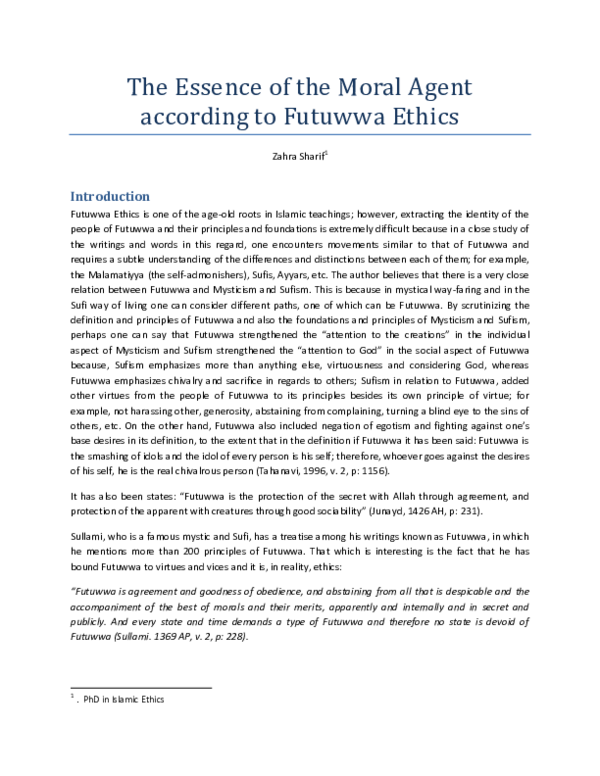 (PDF) The Essence of the Moral Agent according to Futuwwa Ethics