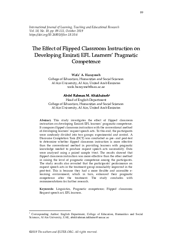 Pdf The Effect Of Flipped Classroom Instruction On Developing Emirati Efl Learners Pragmatic