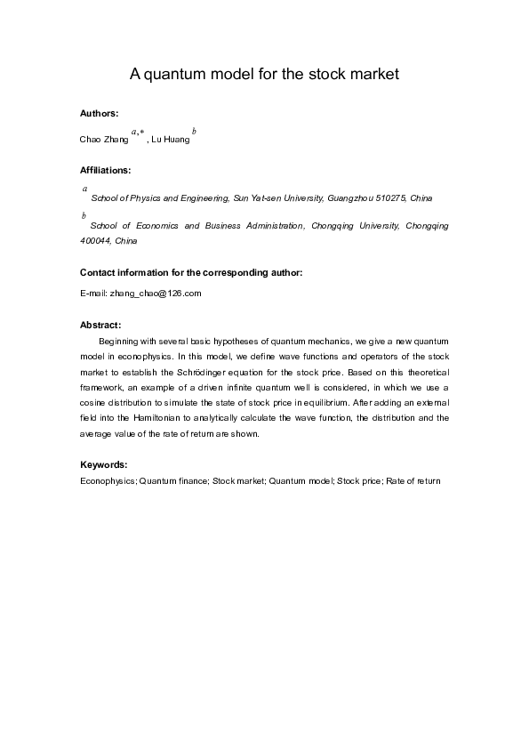 (PDF) A quantum model for the stock market