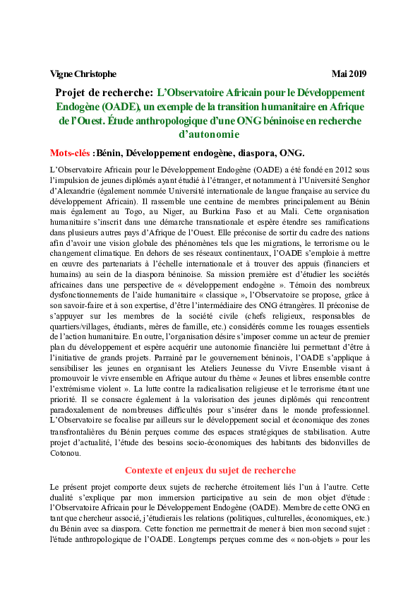 (PDF) Projet: ONG, Diaspora et développement endogène au Bénin