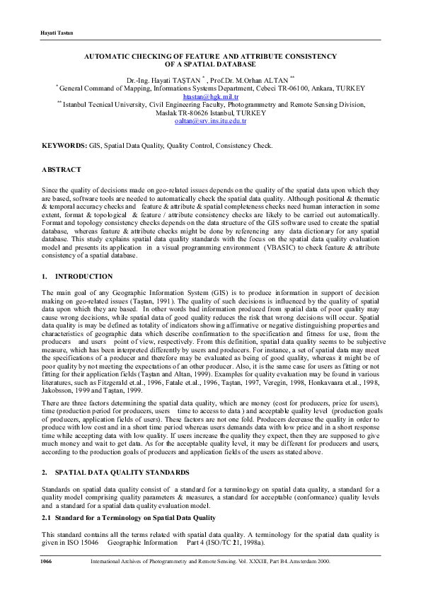 (PDF) AUTOMATIC CHECKING OF FEATURE AND ATTRIBUTE CONSISTENCY OF A SPATIAL DATABASE