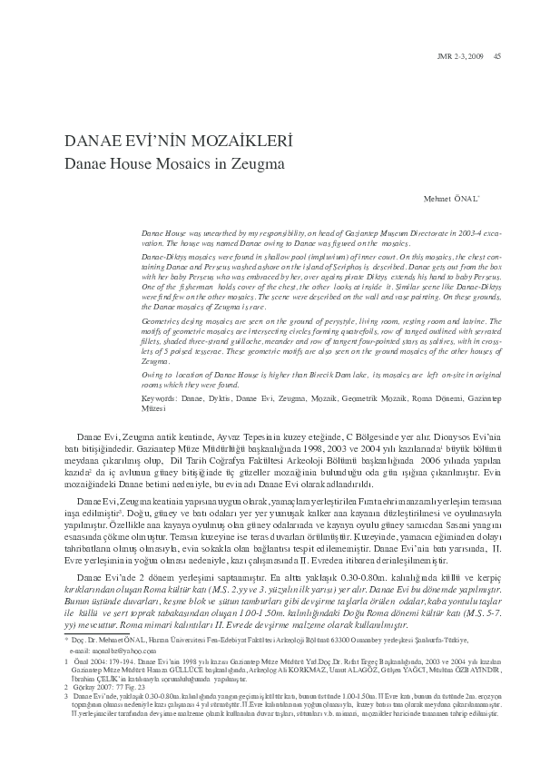 (PDF) Danae Evi'nin Mozaikleri, Zeugma - Danae House Mosaics in Zeugma
