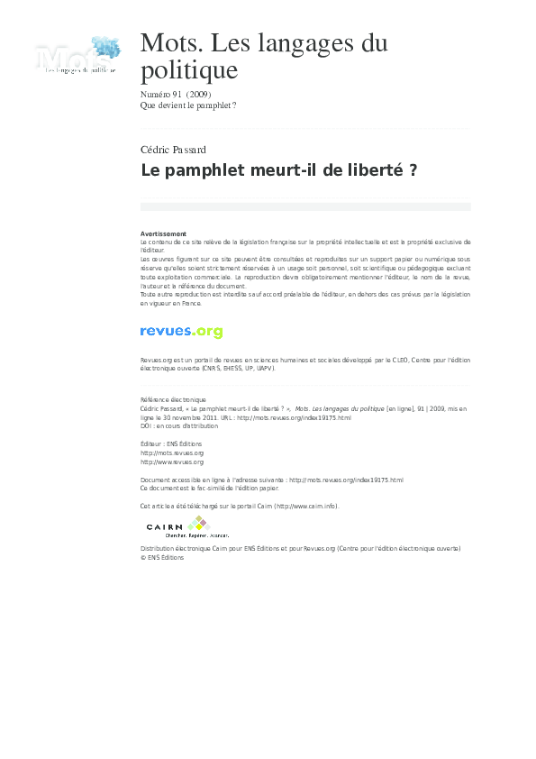 (PDF) Le pamphlet meurt-il de liberté