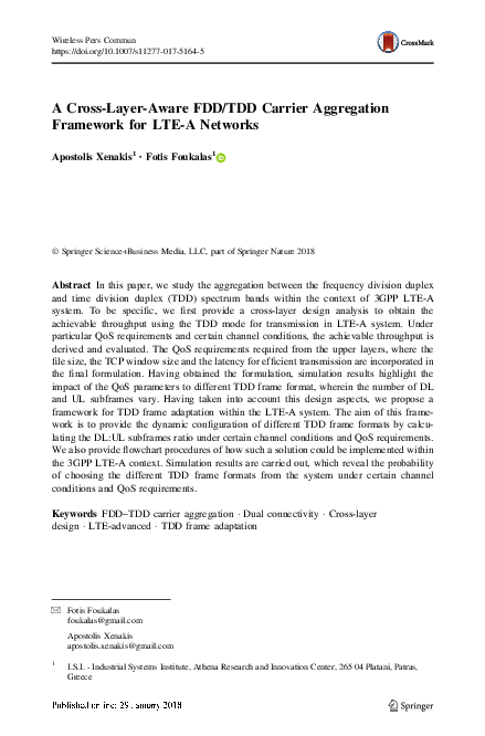 Pdf A Cross Layer Aware Fdd Tdd Carrier Aggregation Framework For Lte A Networks