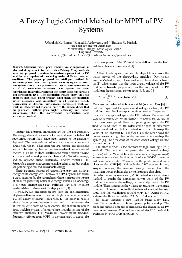 (PDF) A Fuzzy Logic Control Method for MPPT ofPV Systems